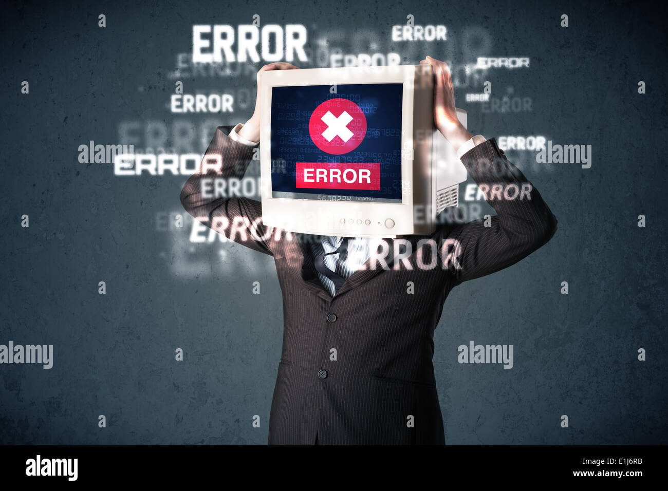 Business man with pc monitor on his head and error messages on the ...