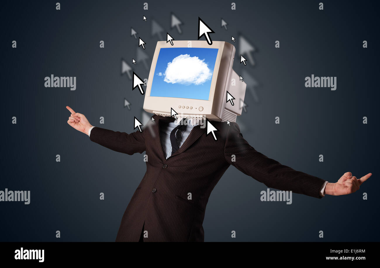 Business man with a monitor on his head, cloud system and pointers on ...