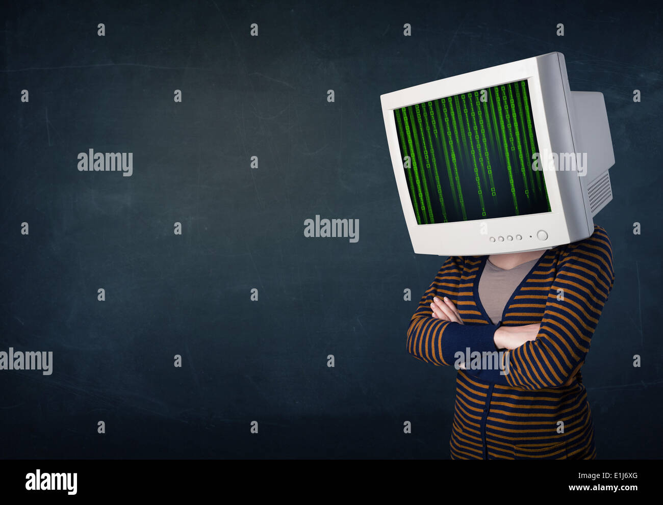 Cyber human with a monitor screen and computer code on the display ...