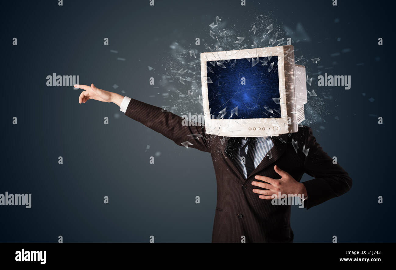 Computer monitor screen exploding on a young persons head Stock Photo ...