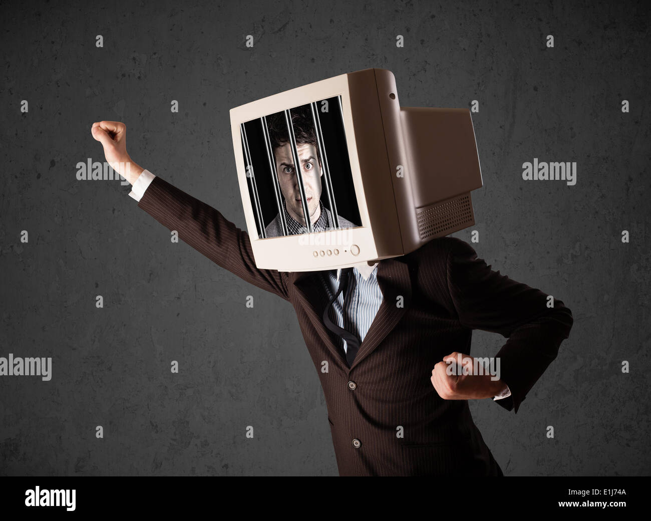 Business man with monitor on his head traped into a digital system ...