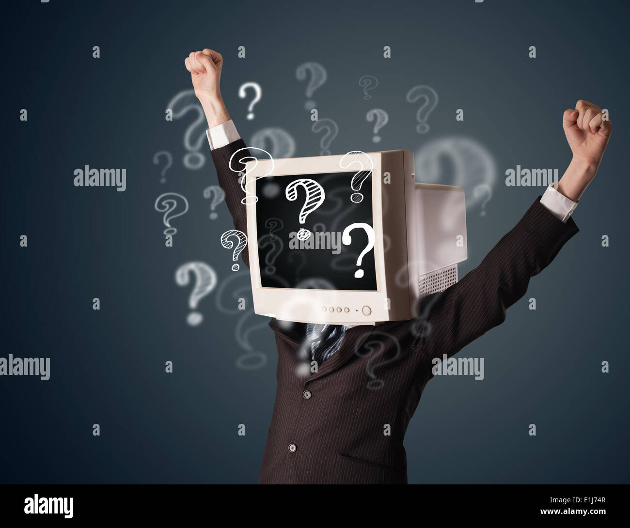Businessman with a computer monitor head and question marks Stock Photo ...