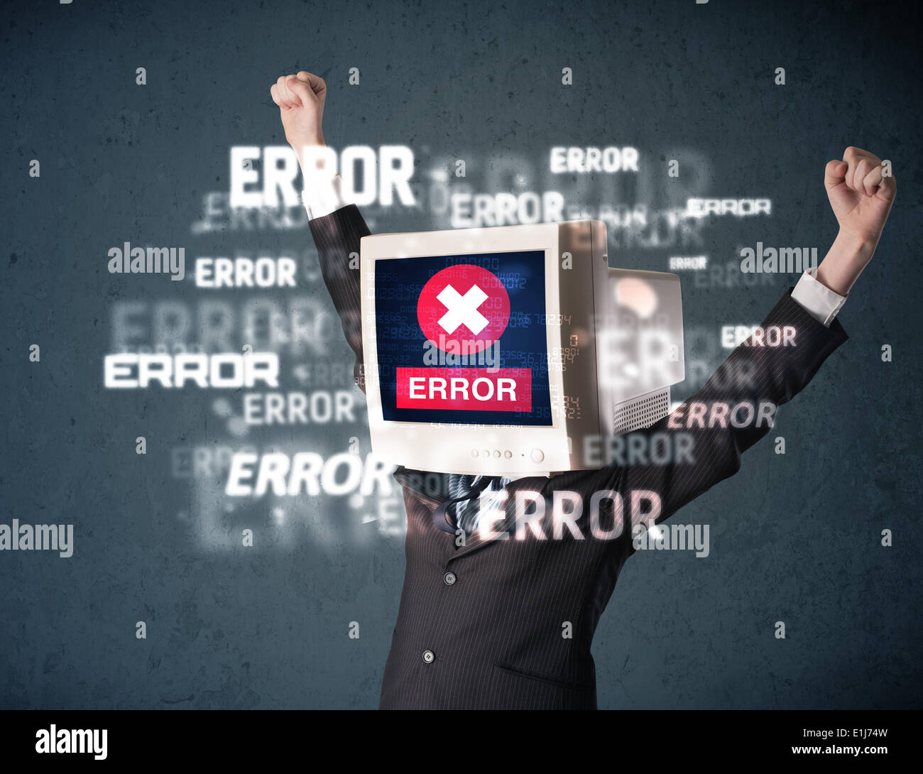 Business man with pc monitor on his head and error messages on the ...