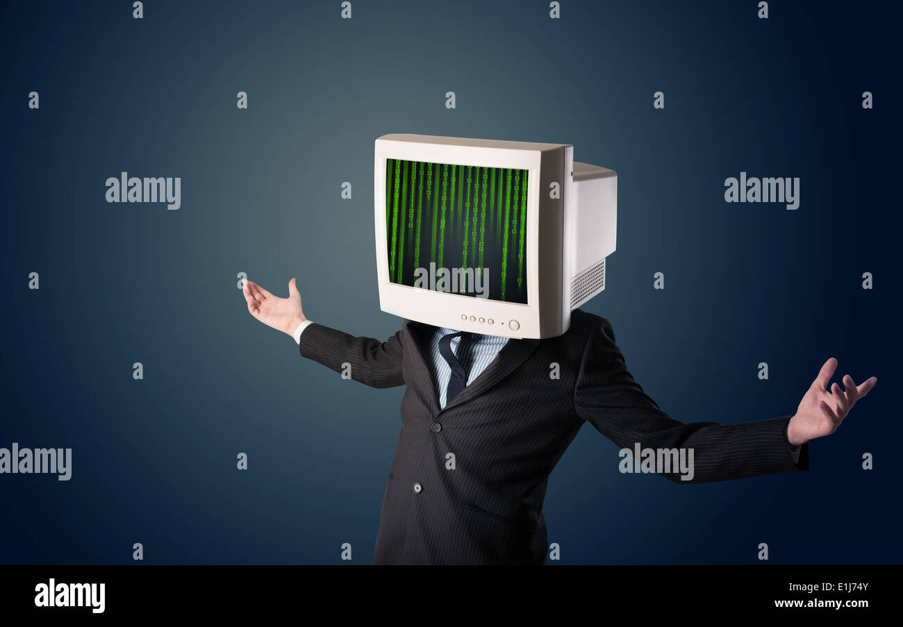 Cyber human with a monitor screen and computer code on the display ...