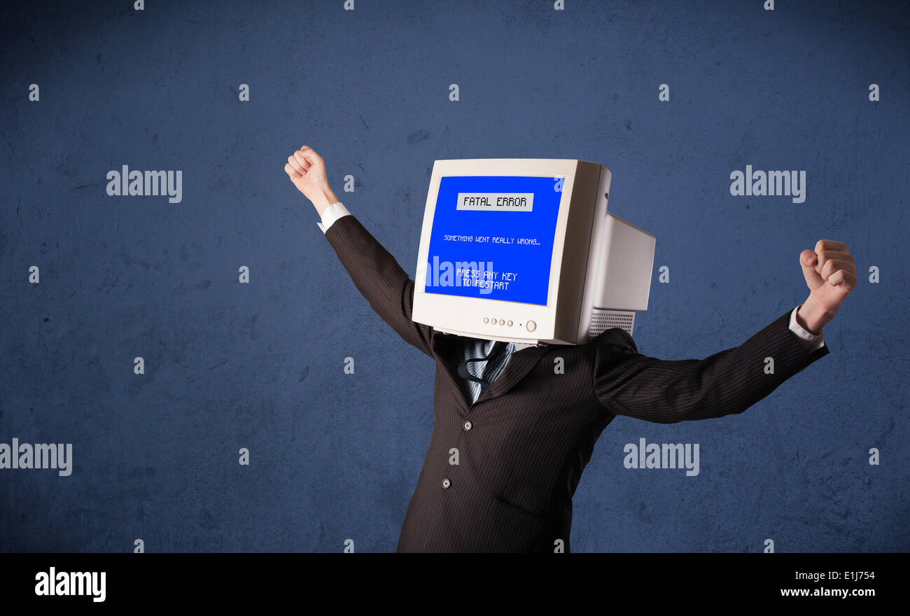 Person with a monitor head and fatal error blue screen on the display ...