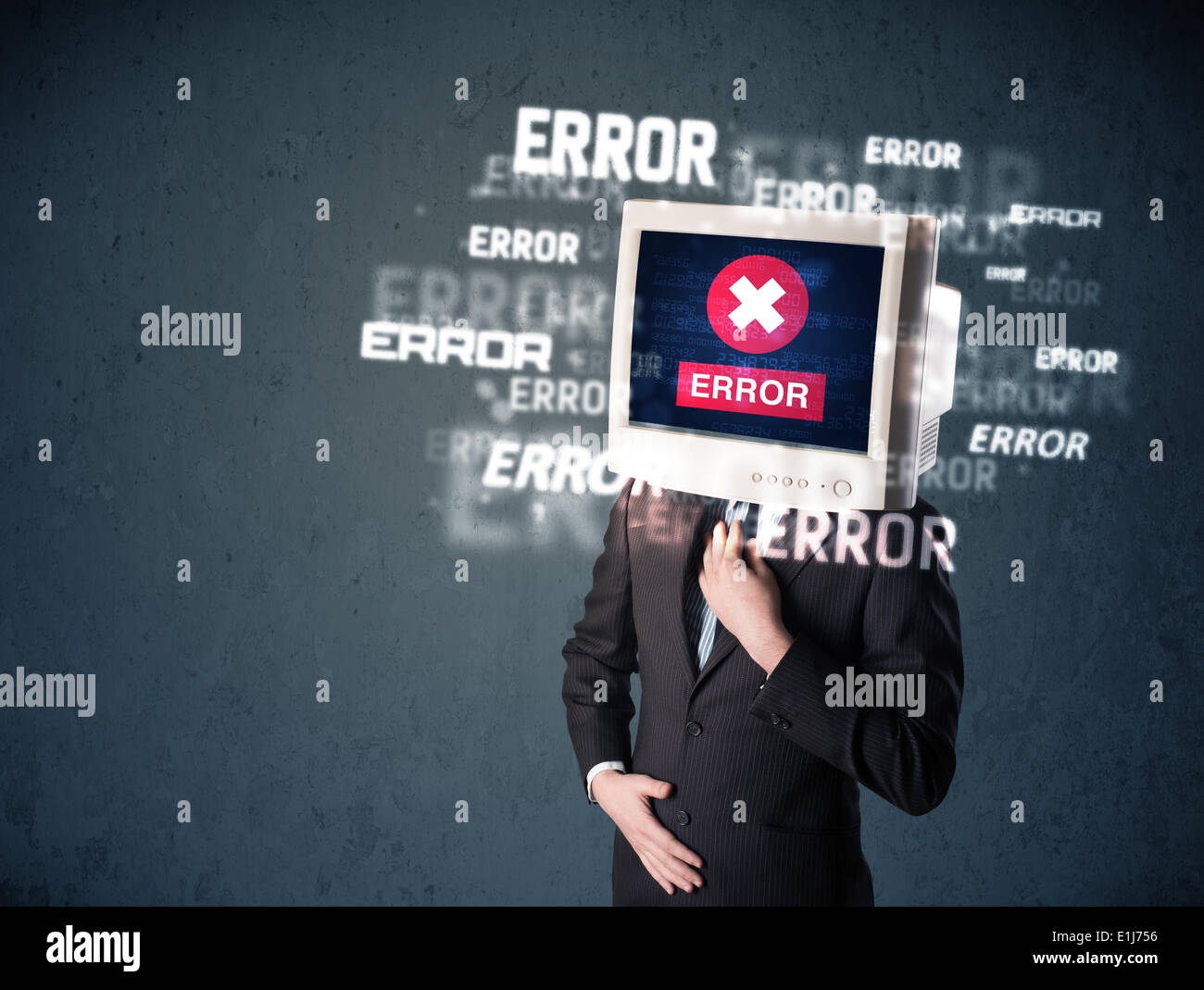 Business man with pc monitor on his head and error messages on the ...