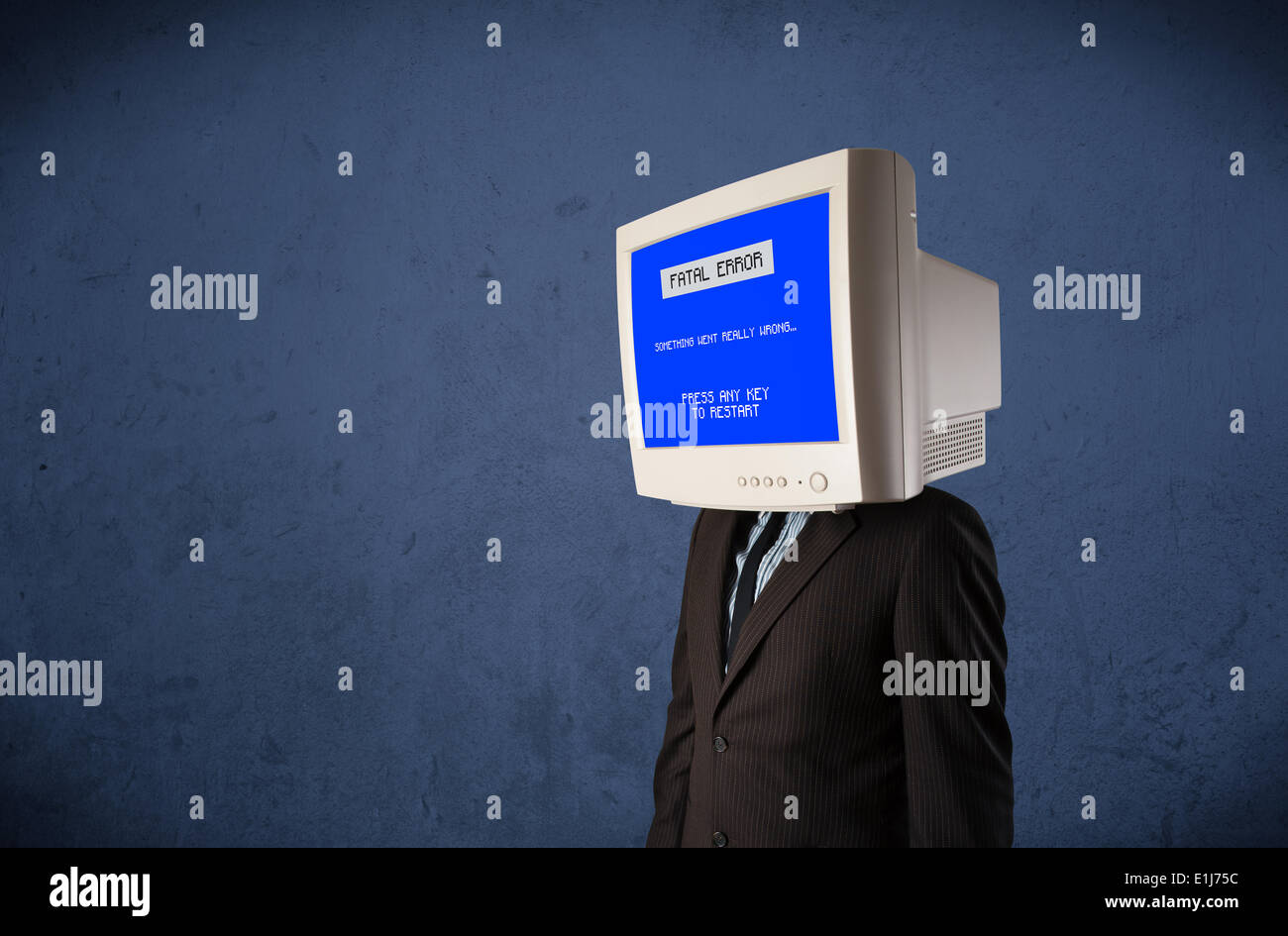 Person with a monitor head and fatal error blue screen on the display ...