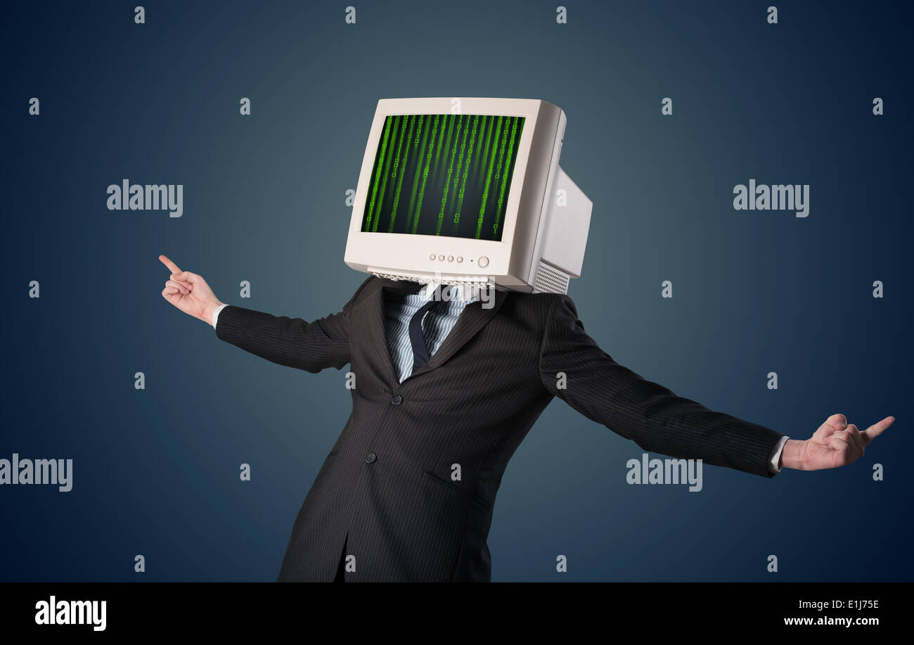 Cyber human with a monitor screen and computer code on the display ...