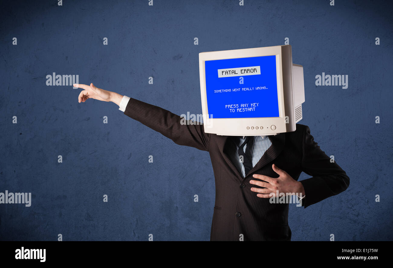 Person with a monitor head and fatal error blue screen on the display ...