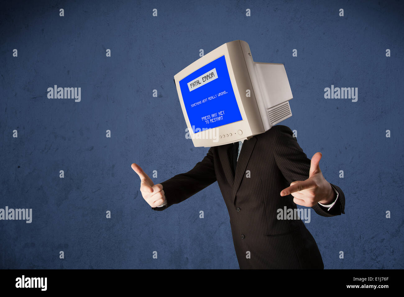 Person with a monitor head and fatal error blue screen on the display ...