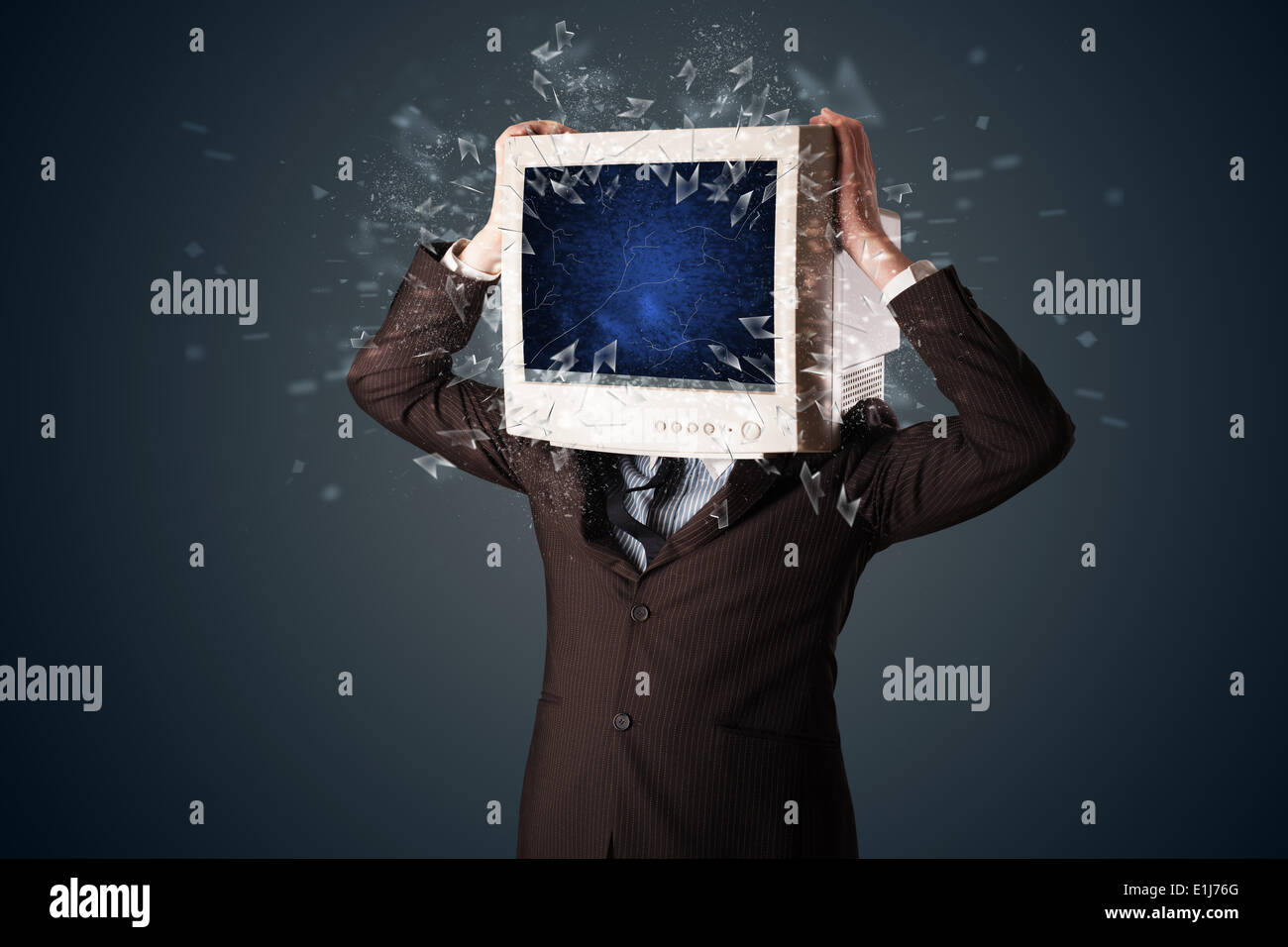 Computer monitor screen exploding on a young persons head Stock Photo ...