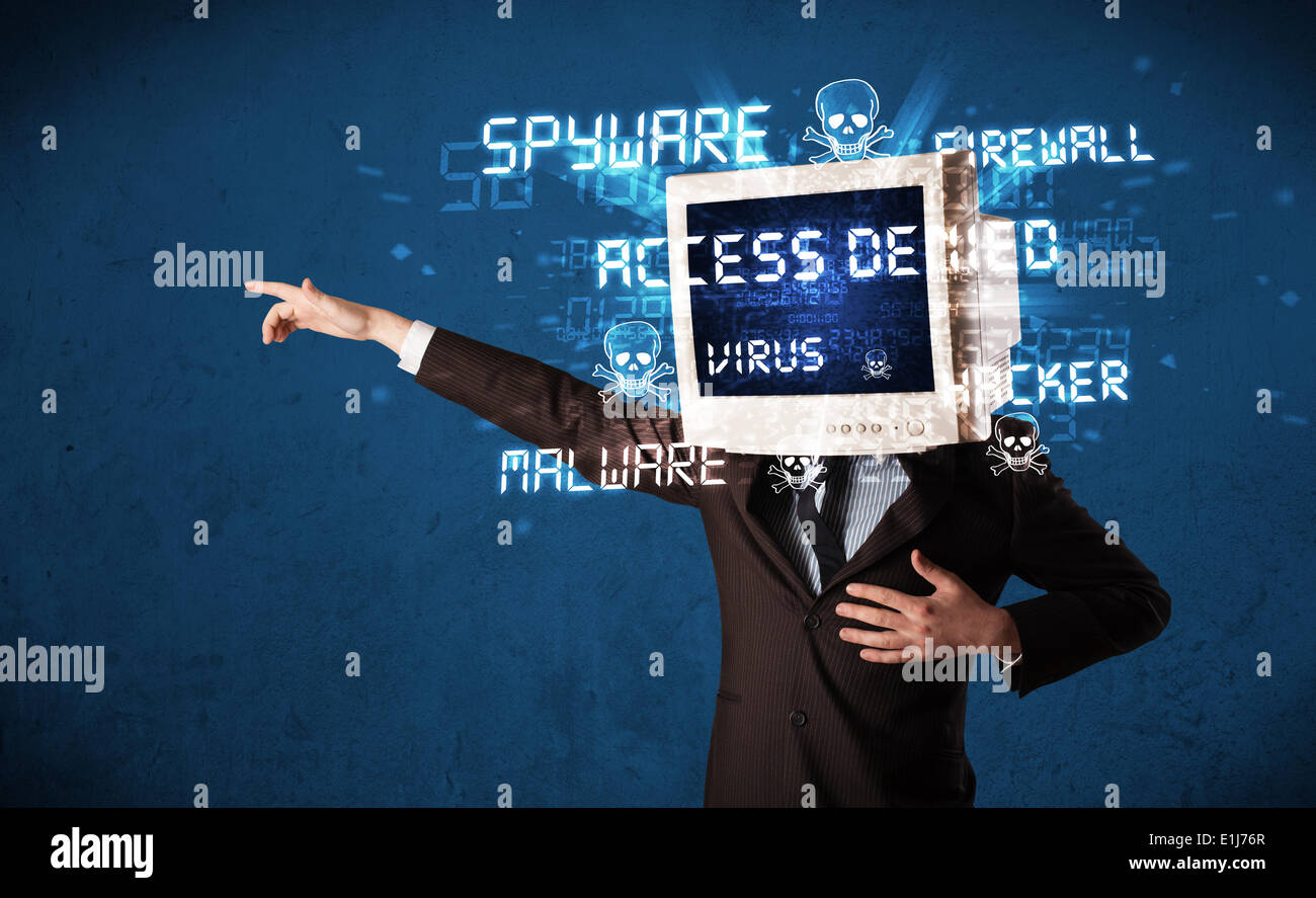 Monitor head person with hacker type of signs on the screen Stock Photo ...