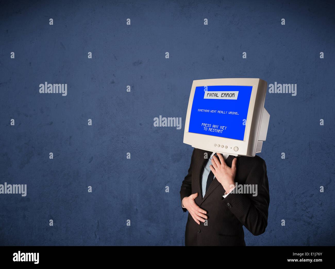 Person with a monitor head and fatal error blue screen on the display ...