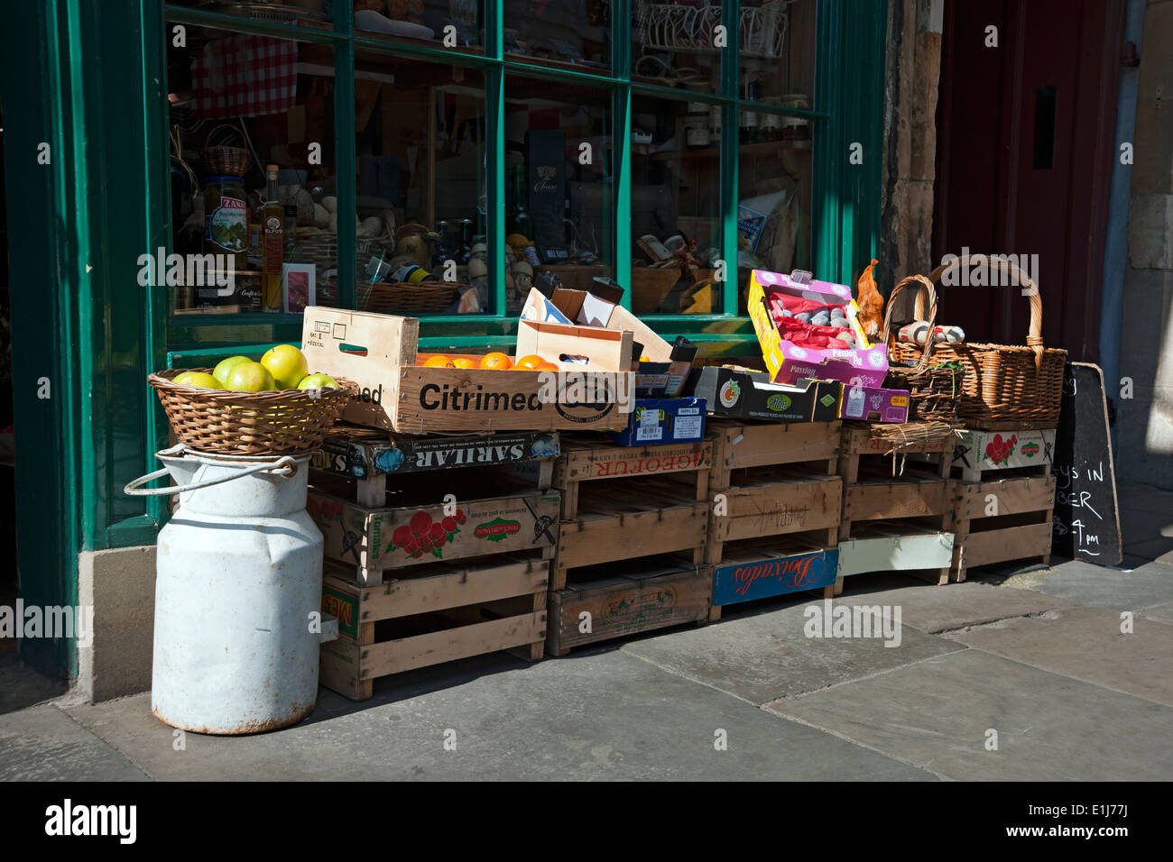 Fresh fruit and veg vegetables on display outside delicatessen shop ...