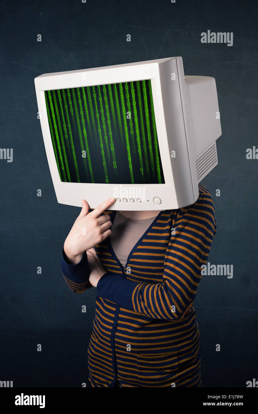 Cyber human with a monitor screen and computer code on the display ...