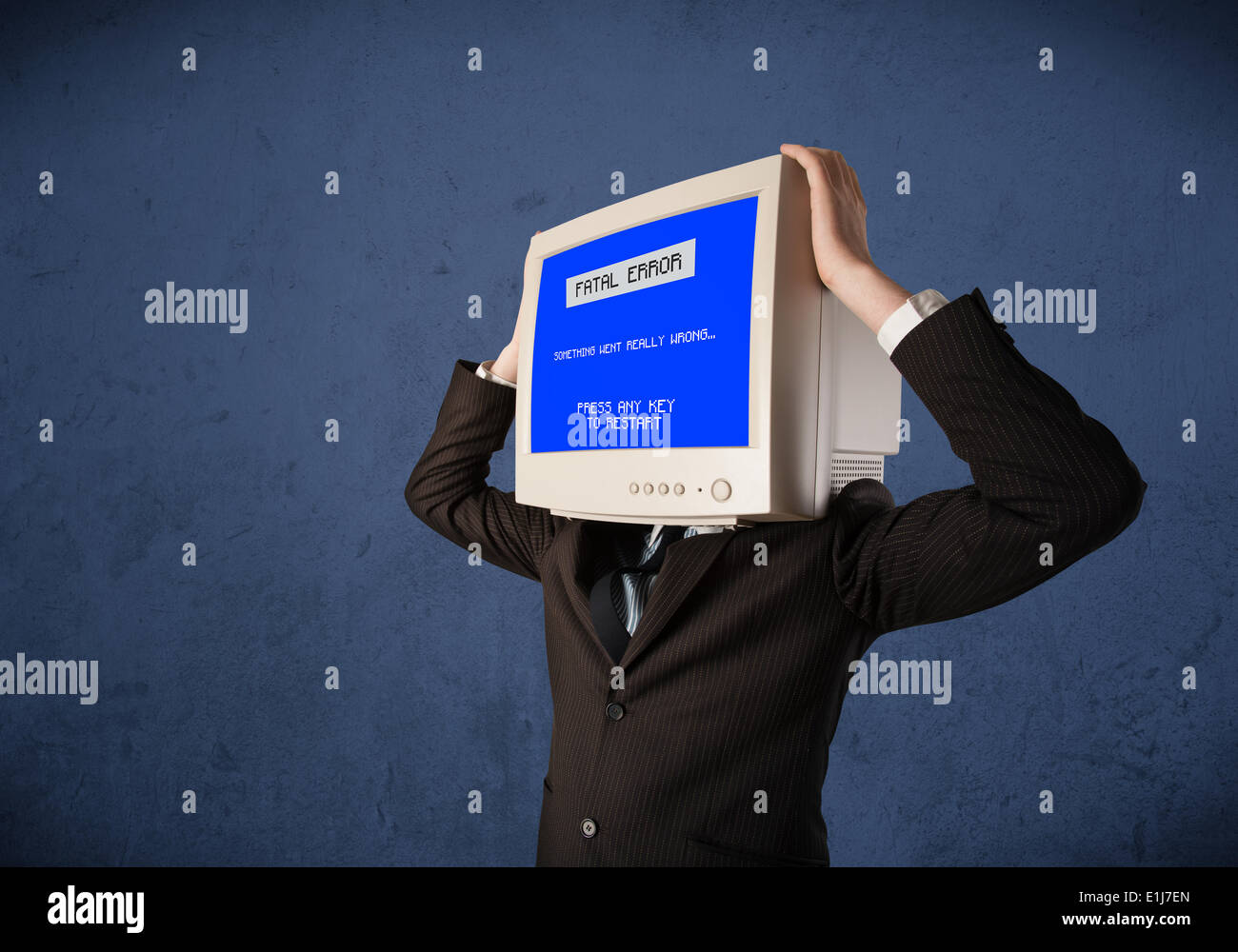 Person with a monitor head and fatal error blue screen on the display ...