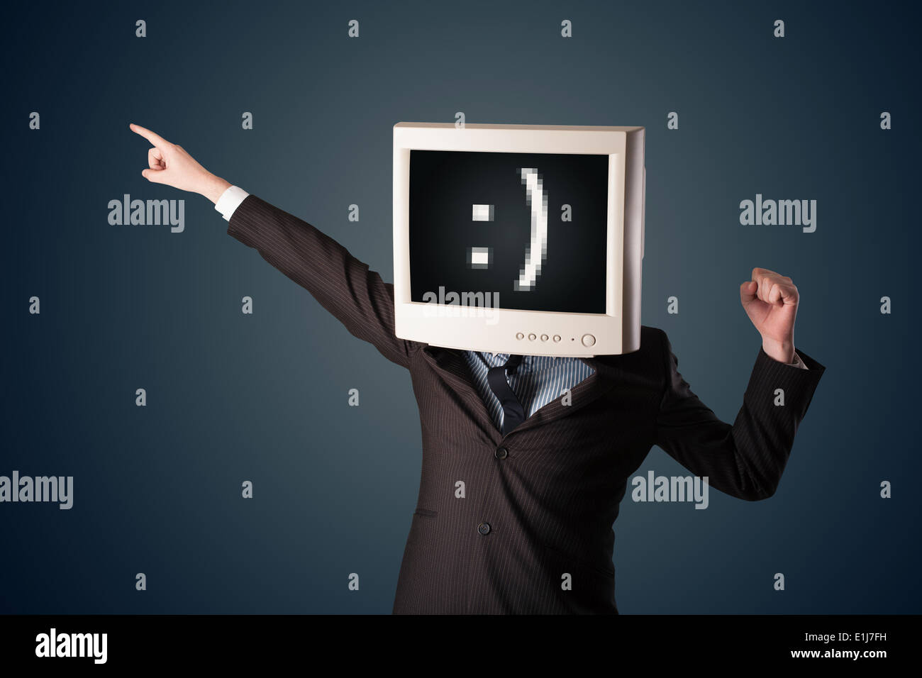 Funny young businessman with a monitor on his head and smiley on the ...
