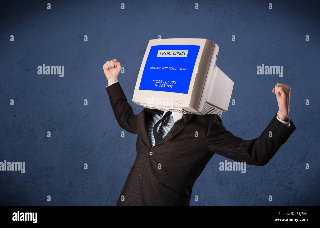 Person with a monitor head and fatal error blue screen on the display ...