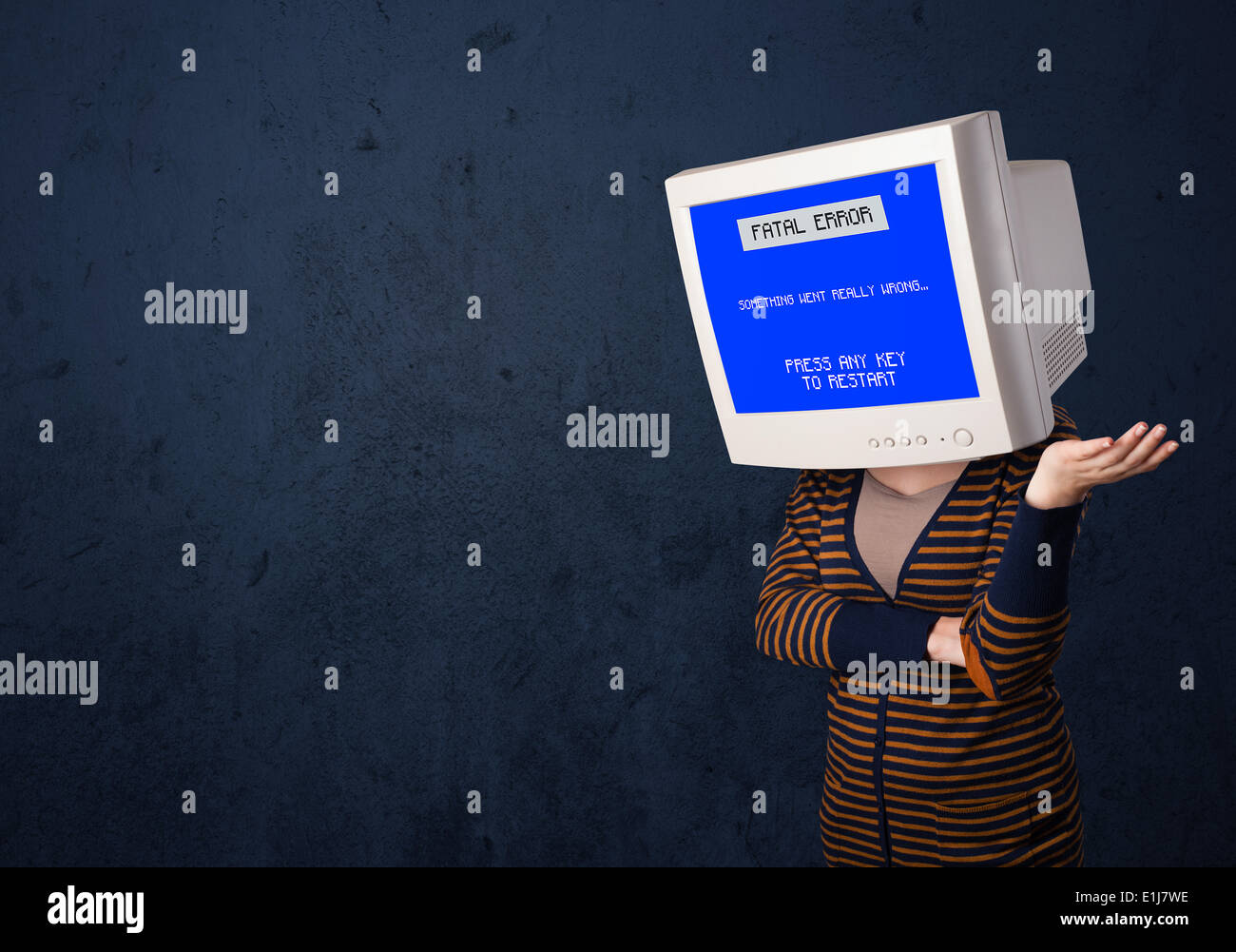 Person with a monitor head and fatal error blue screen on the display ...