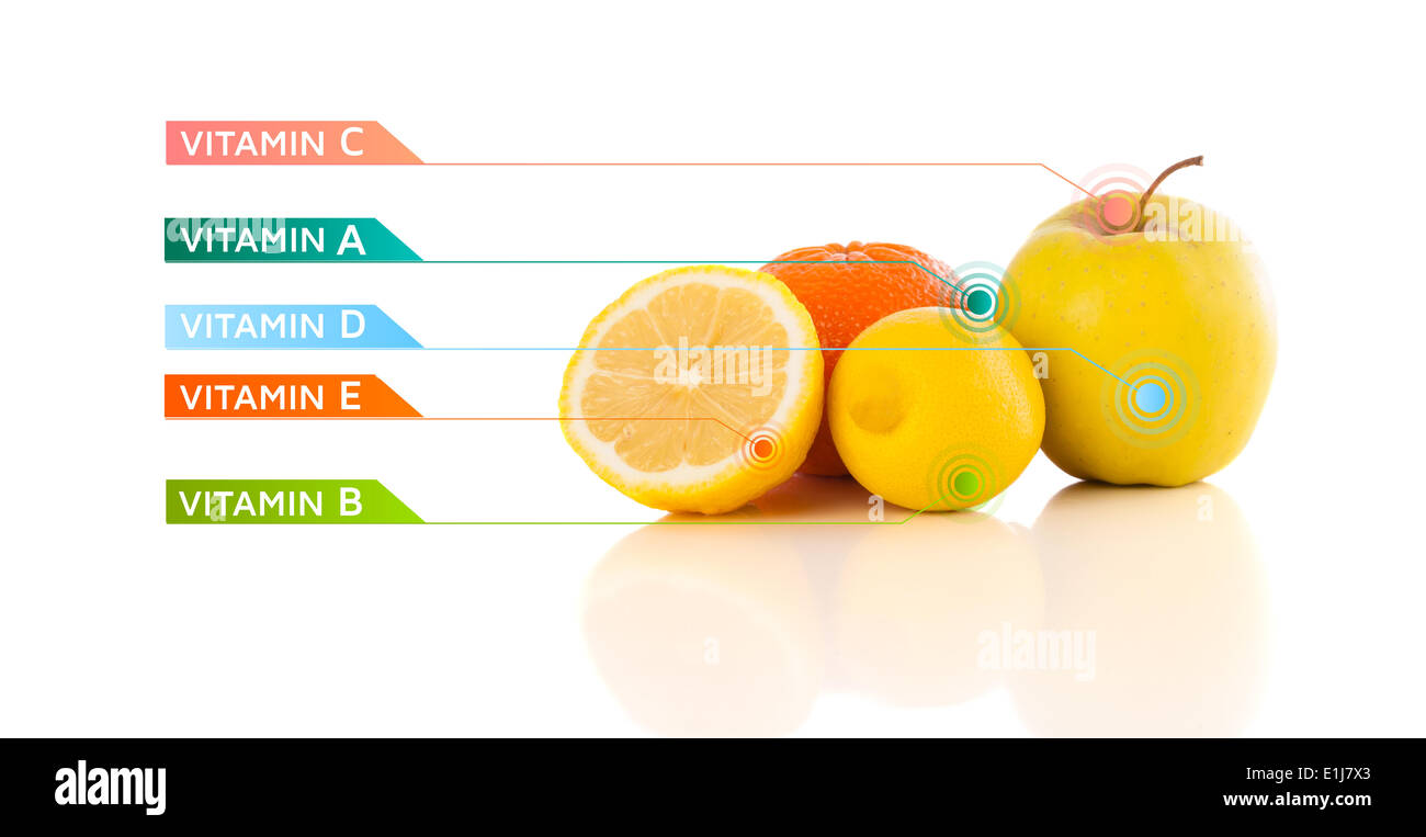 Healthy fruits with colorful vitamin symbols and icons Stock Photo - Alamy