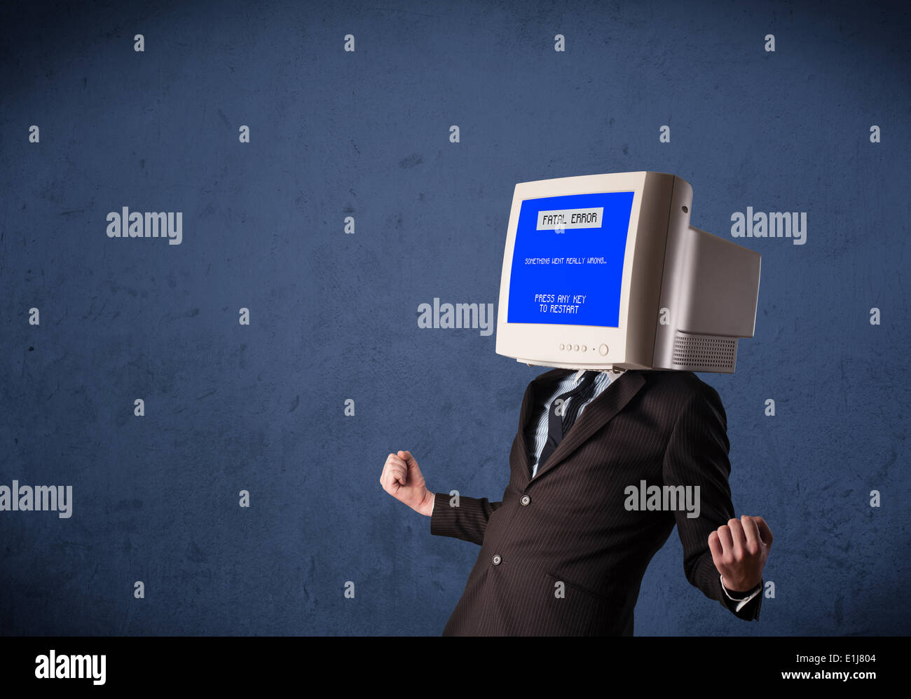 Person with a monitor head and fatal error blue screen on the display ...