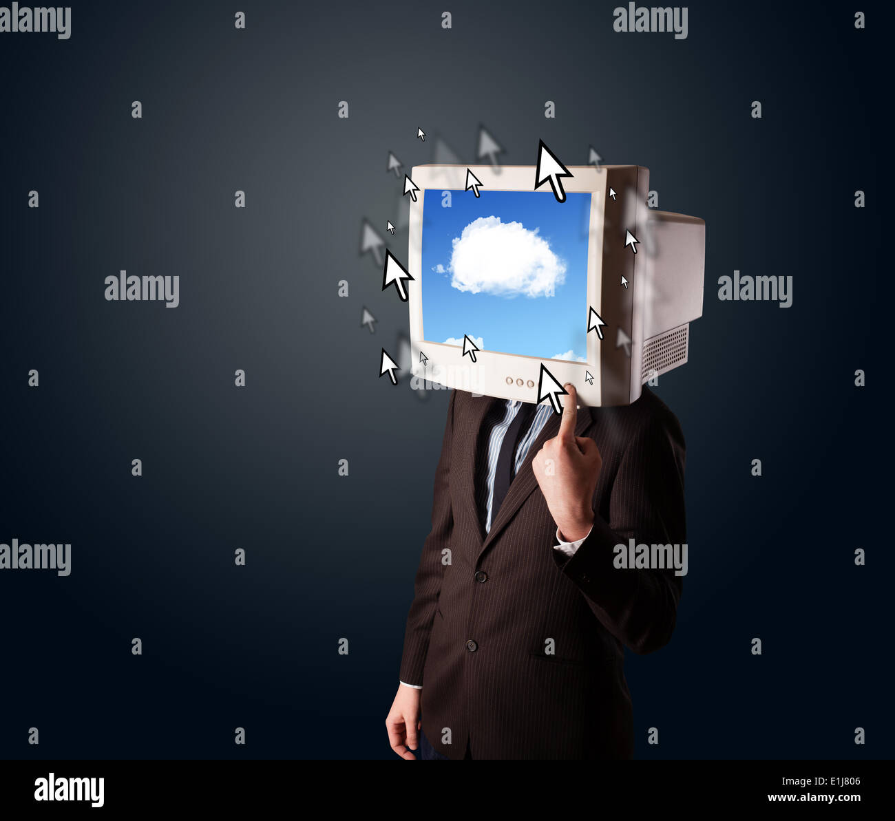 Business man with a monitor on his head, cloud system and pointers on ...