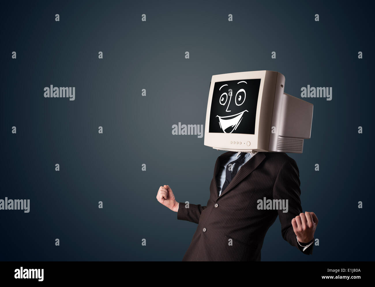 Happy businessman with a PC monitor head and a smiley face Stock Photo ...
