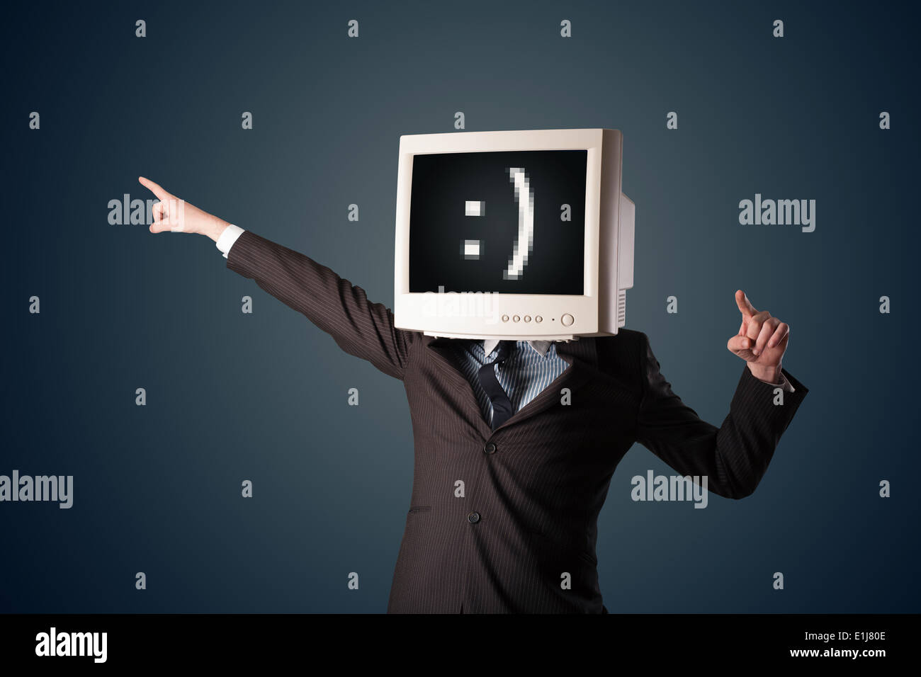 Funny young businessman with a monitor on his head and smiley on the ...