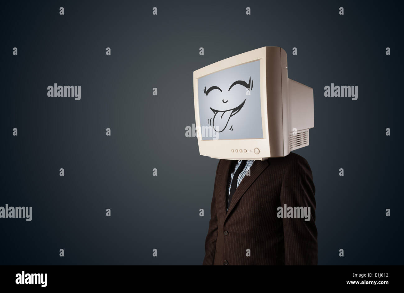 Happy business man with a computer monitor and a smiley face Stock ...