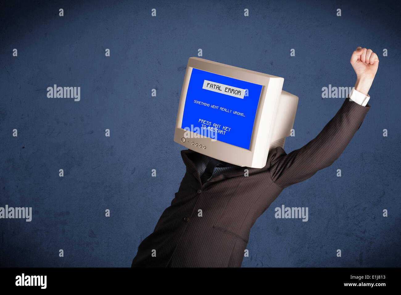 Person with a monitor head and fatal error blue screen on the display ...