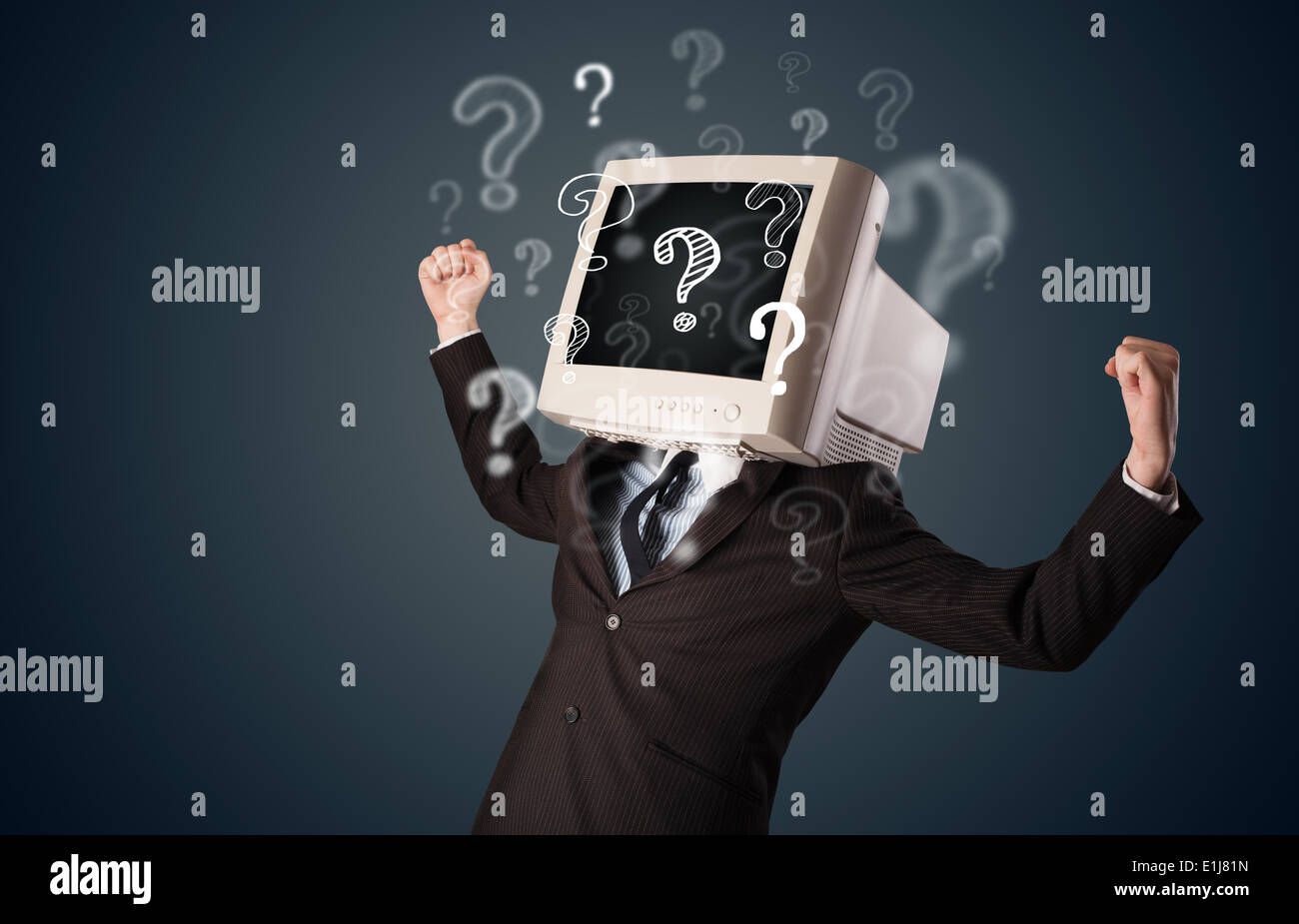 Businessman with a computer monitor head and question marks Stock Photo ...