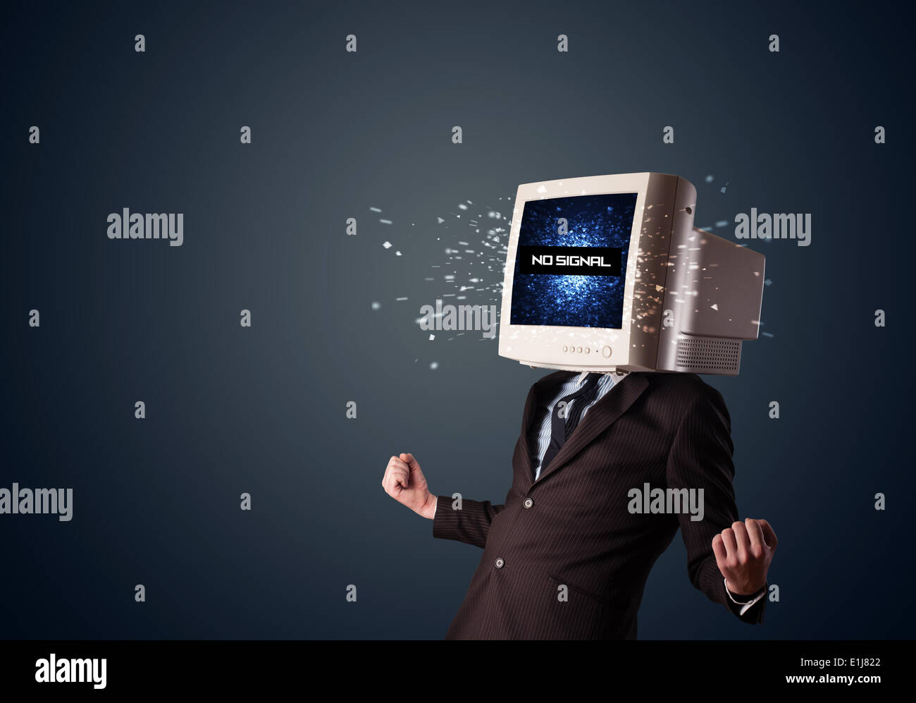 Man with a monitor head, no signal sign on the display Stock Photo - Alamy