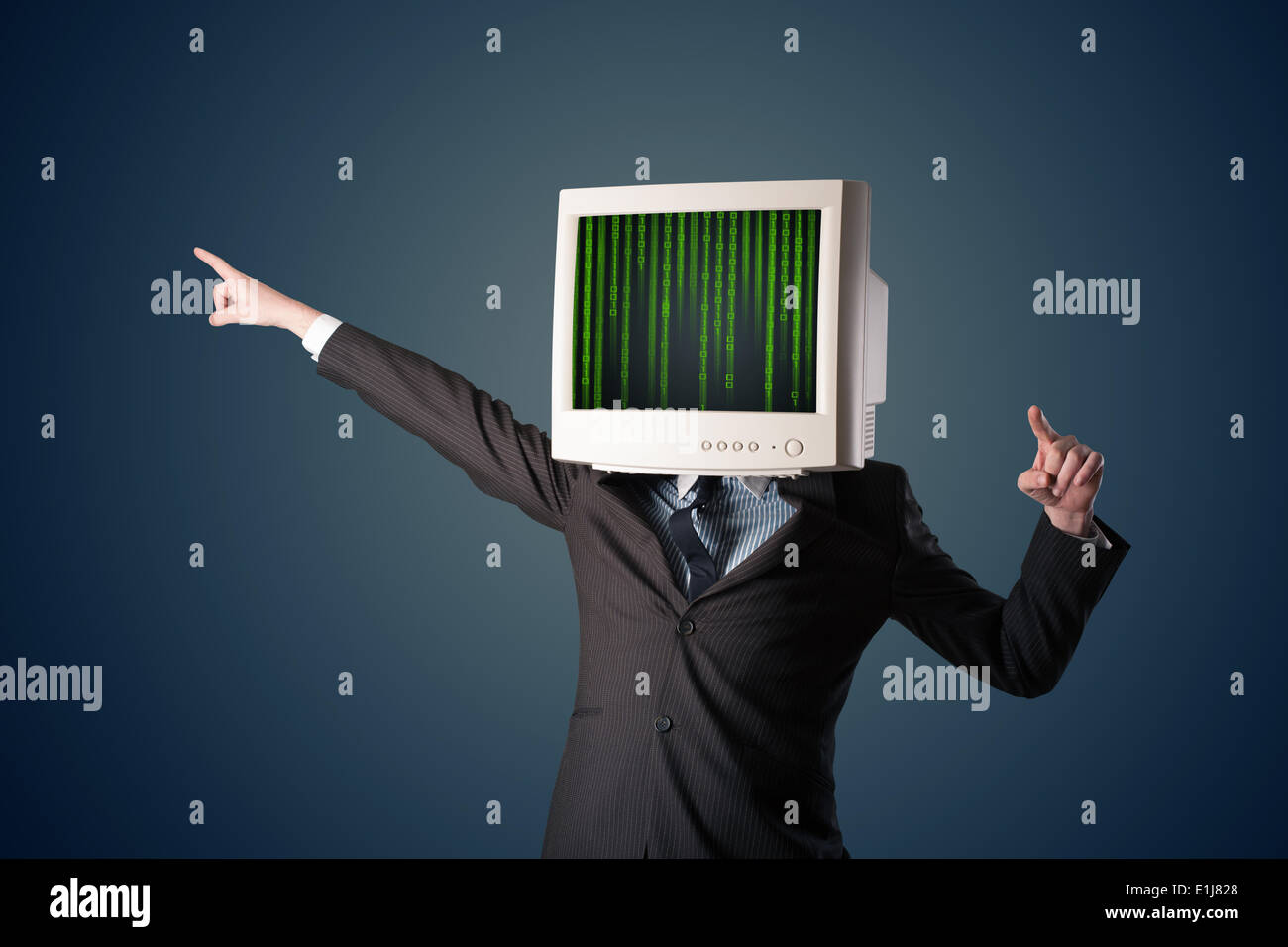 Cyber human with a monitor screen and computer code on the display ...