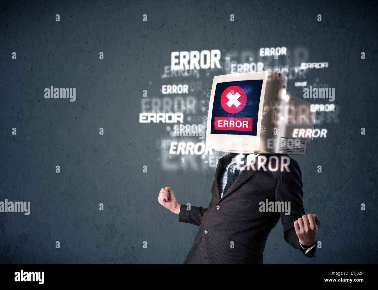 Business man with pc monitor on his head and error messages on the ...
