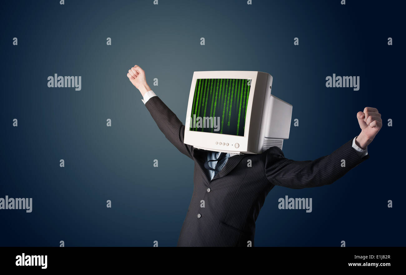 Cyber human with a monitor screen and computer code on the display ...
