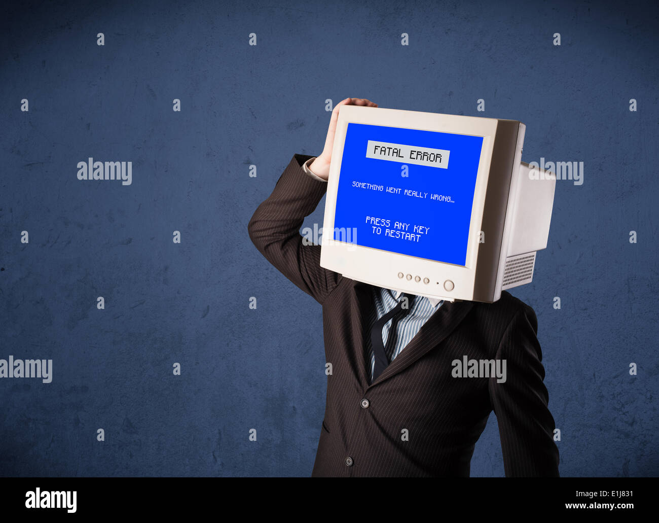 Person with a monitor head and fatal error blue screen on the display ...