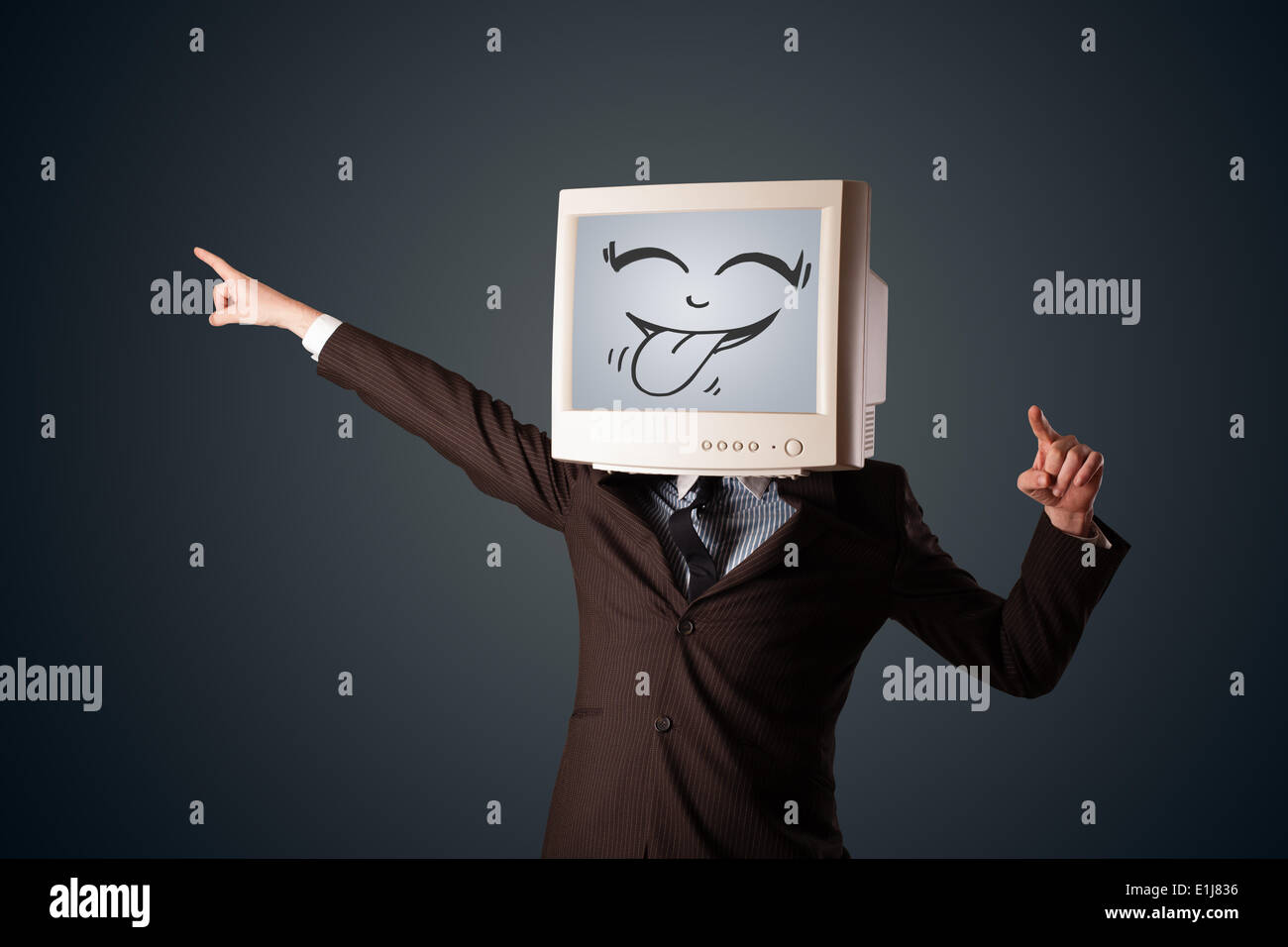 Happy business man with a computer monitor and a smiley face Stock ...
