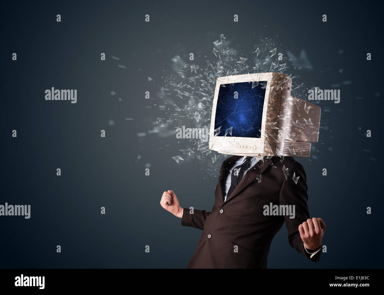 Computer monitor screen exploding on a young persons head Stock Photo ...
