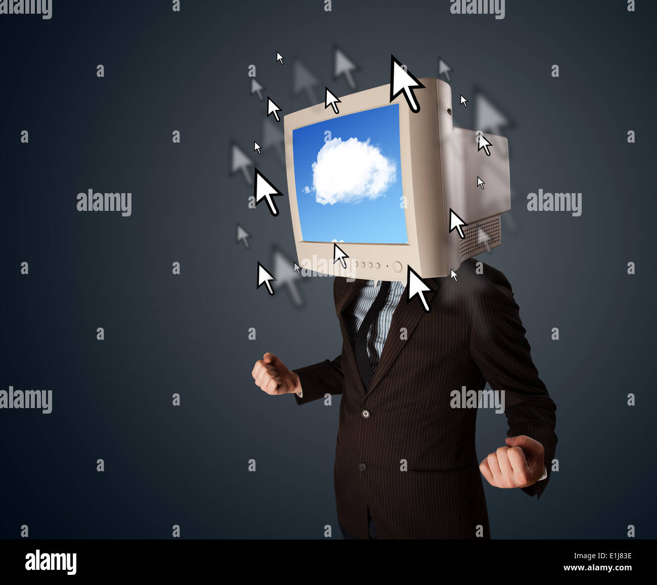 Business man with a monitor on his head, cloud system and pointers on ...