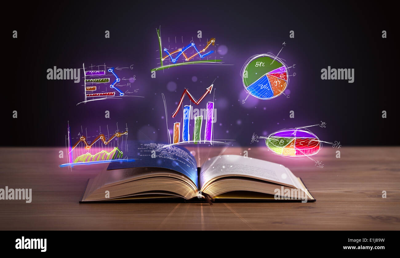 Book on wooden deck with glowing graph illustrations Stock Photo - Alamy