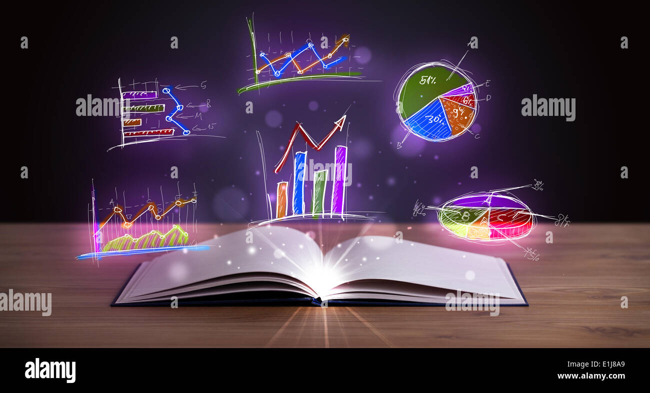 Book on wooden deck with glowing graph illustrations Stock Photo - Alamy