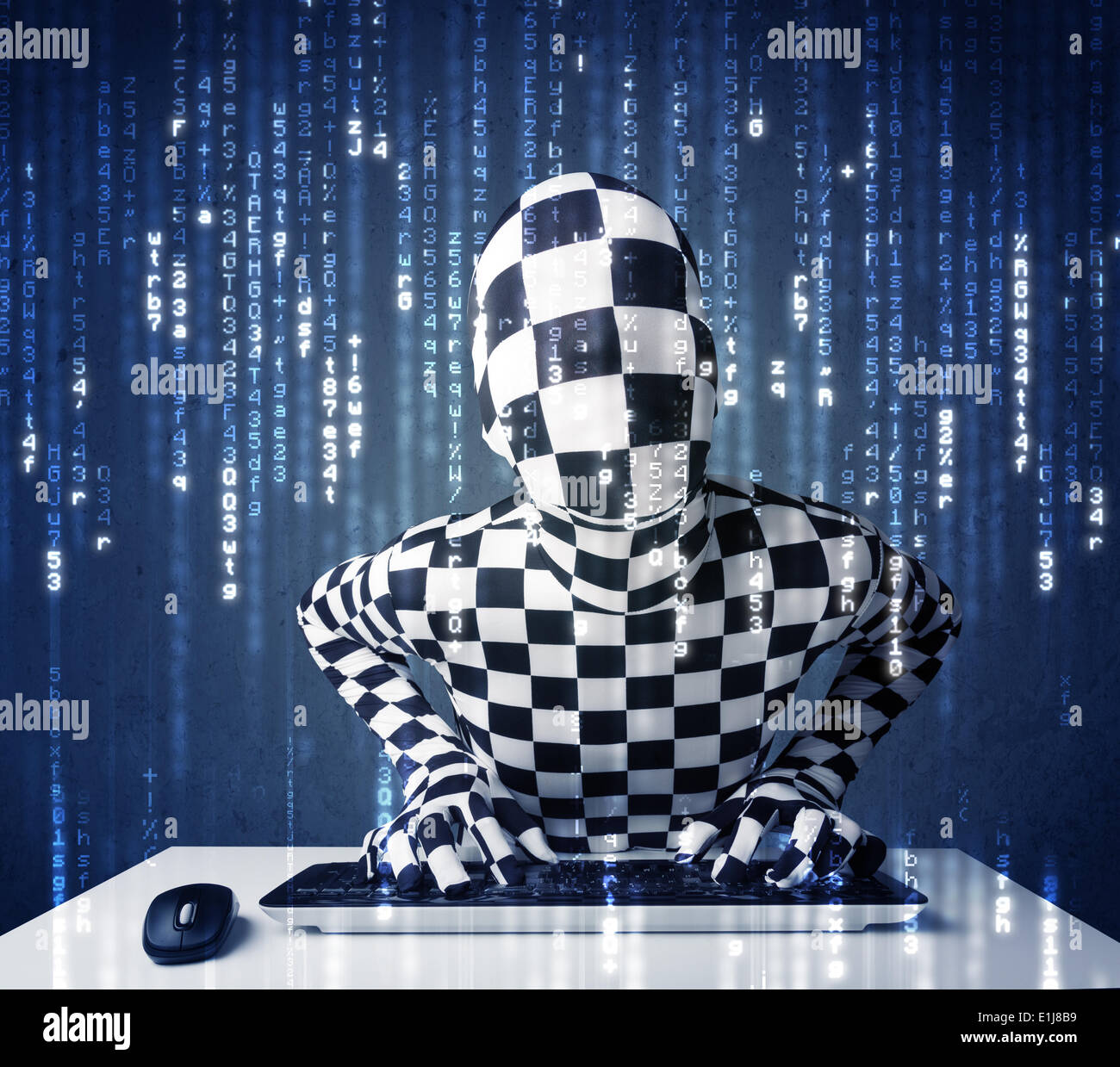 Hacker in body mask decoding information from futuristic network ...