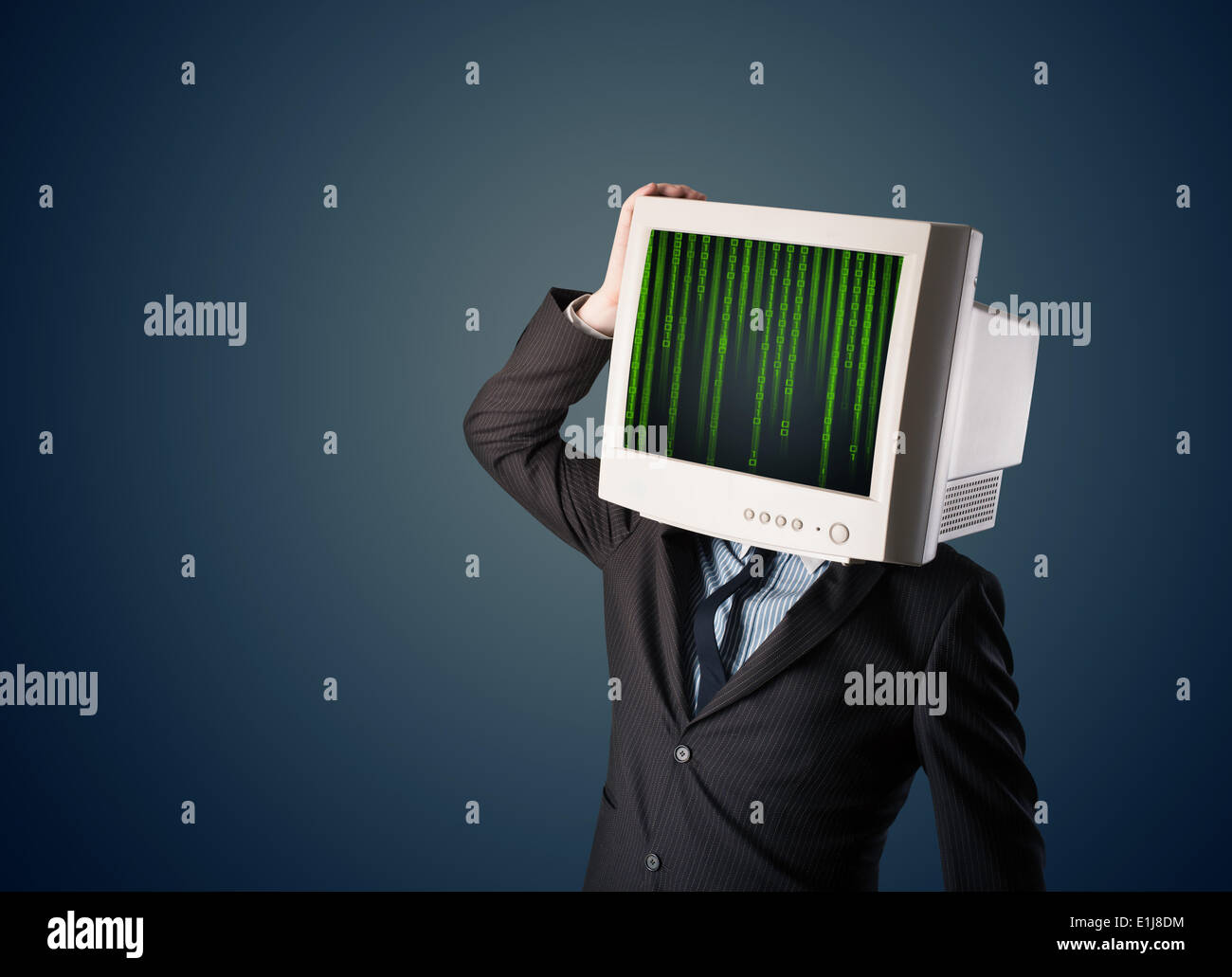 Cyber human with a monitor screen and computer code on the display ...