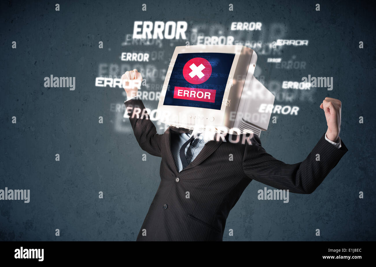 Business man with pc monitor on his head and error messages on the ...