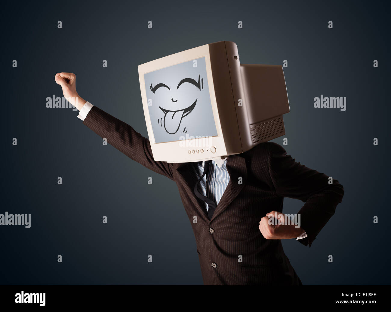 Happy business man with a computer monitor and a smiley face Stock ...