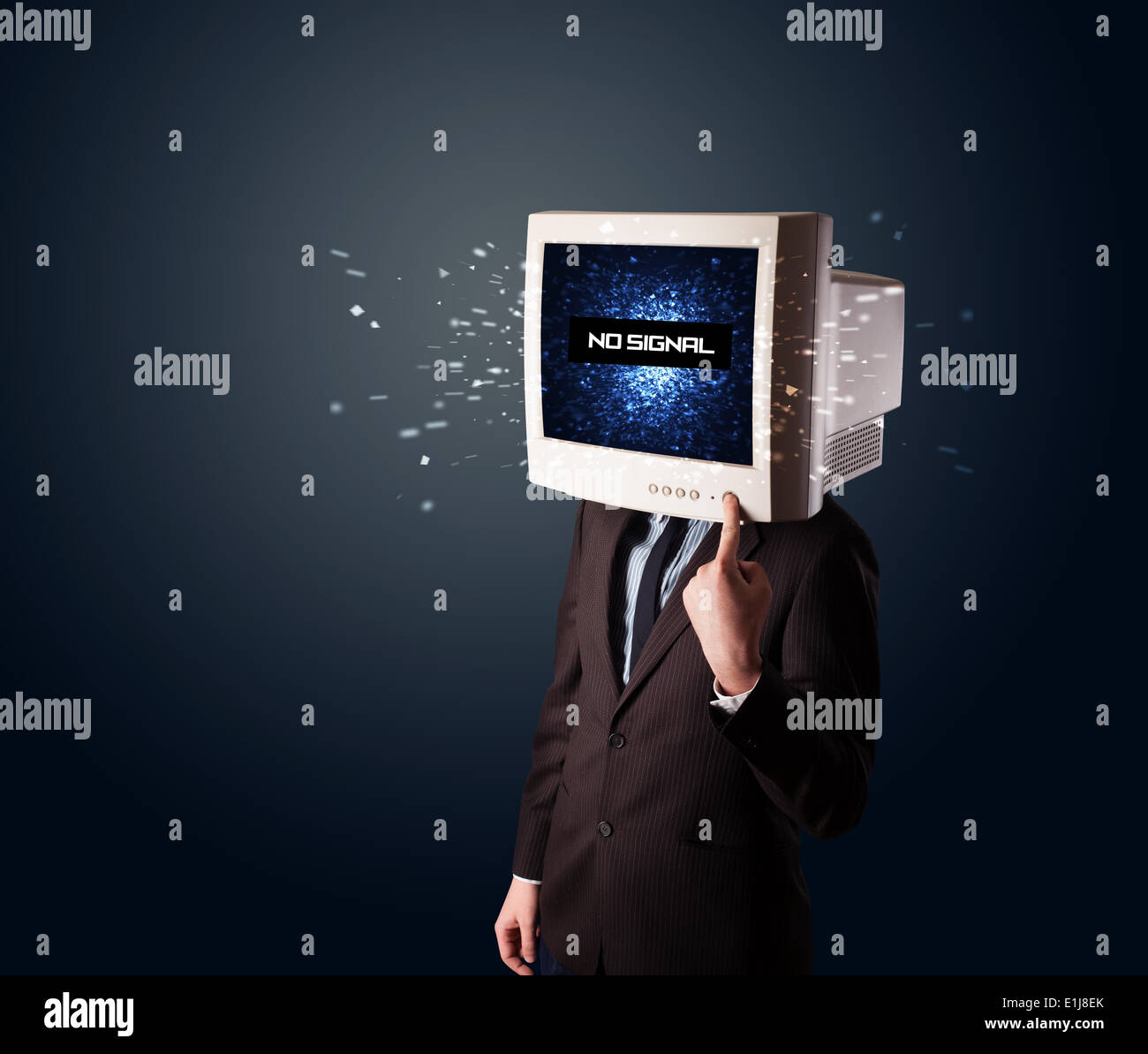 Man with a monitor head, no signal sign on the display Stock Photo - Alamy