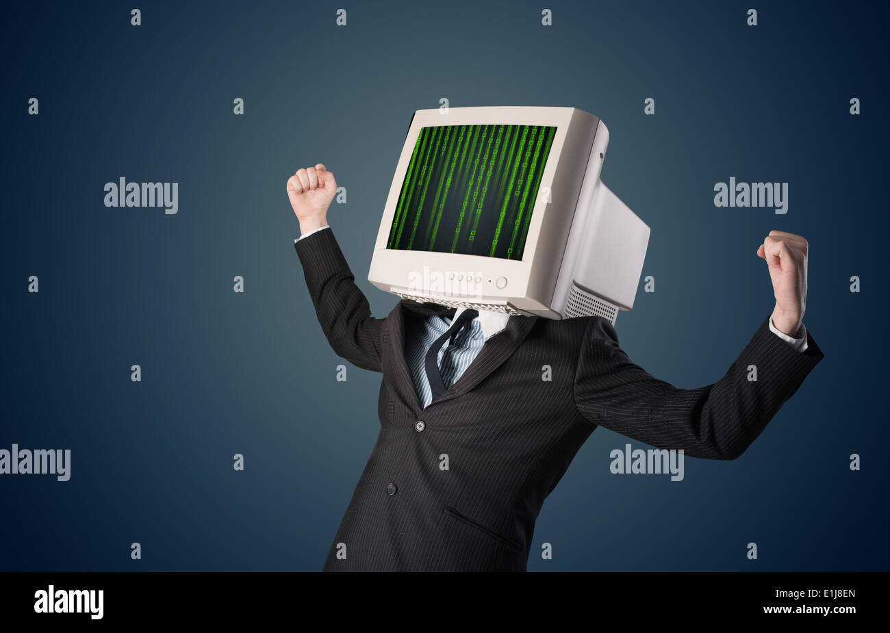 Cyber human with a monitor screen and computer code on the display ...