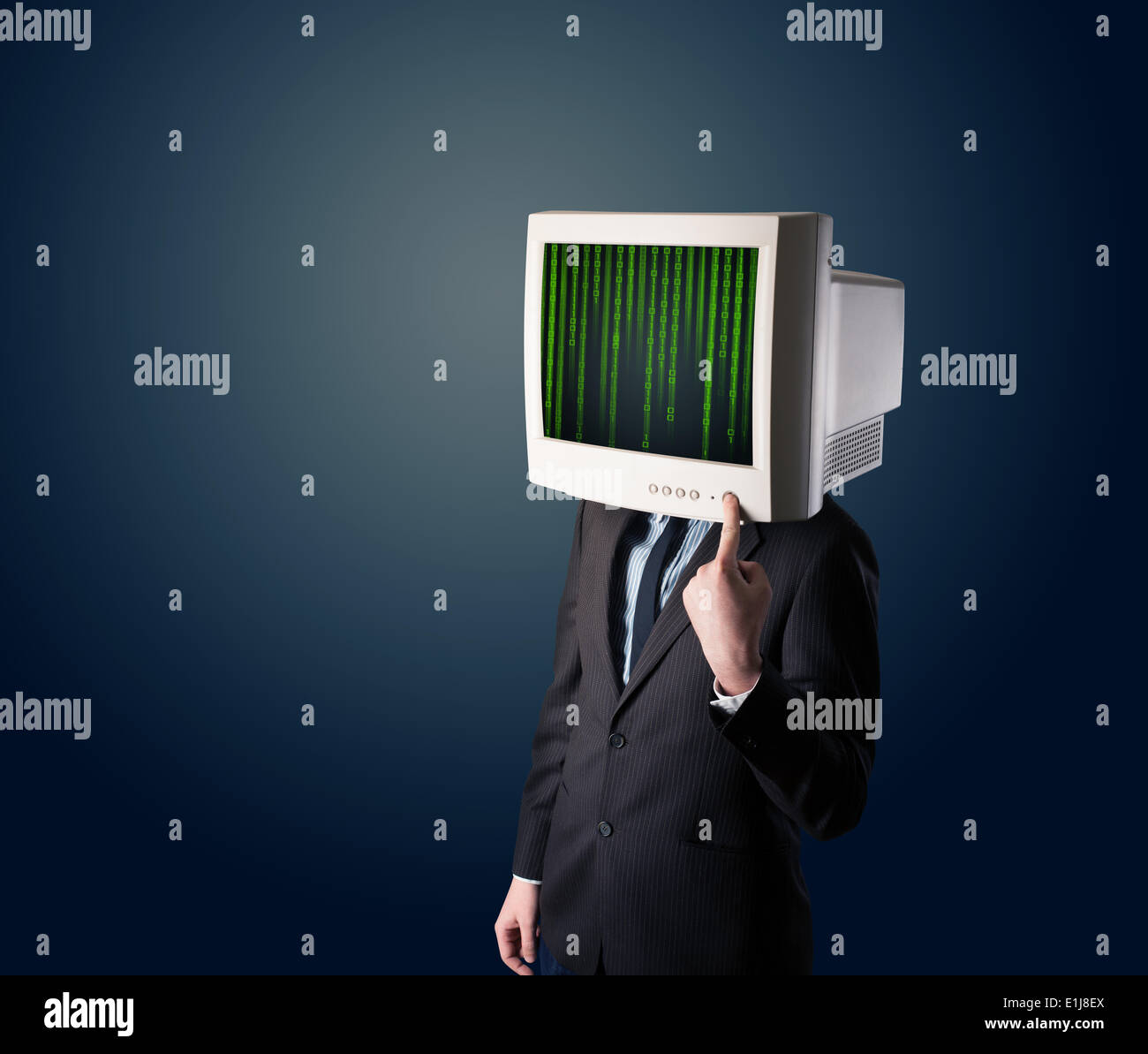 Cyber human with a monitor screen and computer code on the display ...