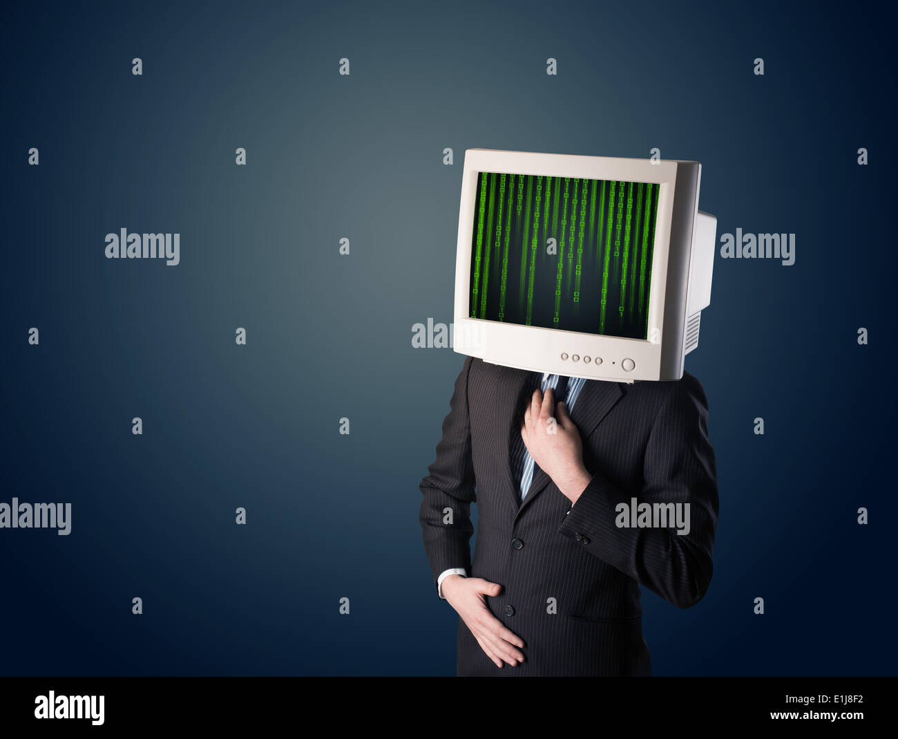 Cyber human with a monitor screen and computer code on the display ...