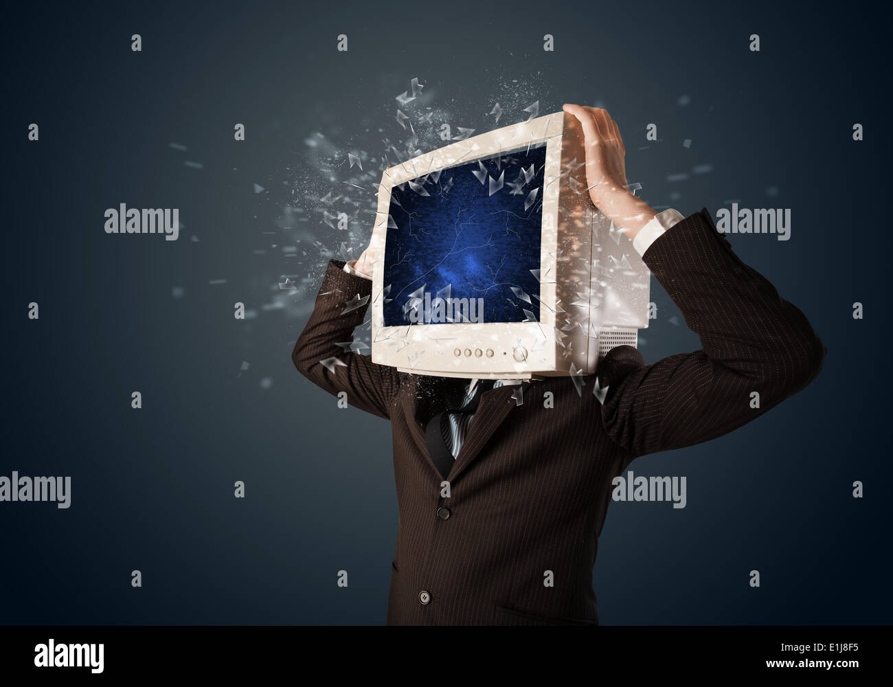 Computer monitor screen exploding on a young persons head Stock Photo ...